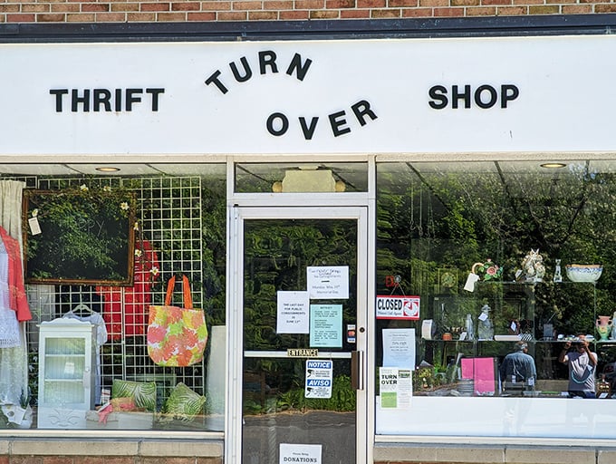 The Turnover Shop's charming storefront window displays hint at the carefully curated treasures waiting inside.