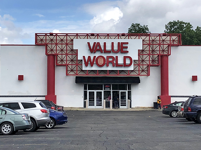 Value World's distinctive red framework architecture makes this Westland location impossible to miss from the street.