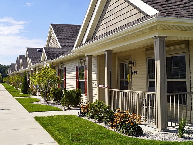 The Village at Appledorn's row of homes &ndash; like a neighborhood where everyone has agreed to skip the lawn-mowing competitions.