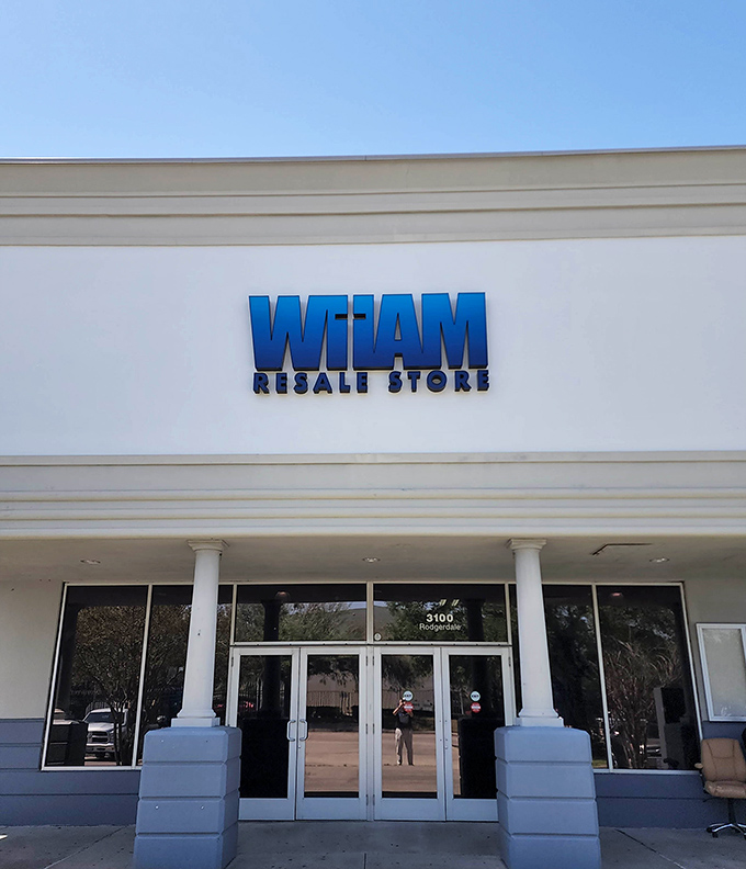 WHAM's clean, modern facade hides a wonderland of secondhand treasures. Even the columns look excited about the bargains inside!