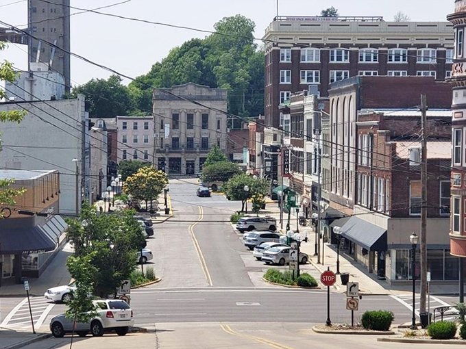 Alton's downtown stretches beneath a brilliant blue sky, where historic buildings house everything from Korean cuisine to local boutiques.