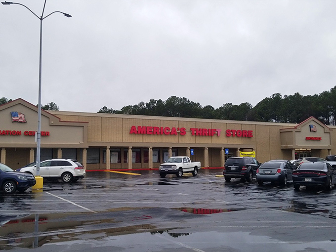 The spacious parking lot hints at the treasures waiting inside this well-established thrift shopping destination.