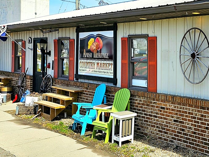 Colorful chairs and wagon wheels add rustic charm to this market that's become a community favorite for quality goods.