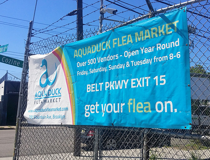 "Get your flea on" says it all - this colorful banner welcomes serious treasure hunters daily.