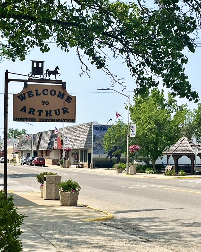 Arthur's welcome sign features a horse and buggy, the perfect introduction to this town where past and present coexist daily.