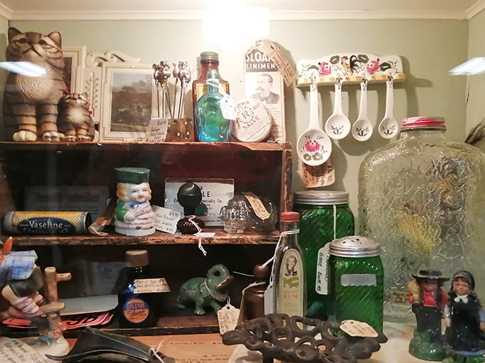 Vintage bottles and collectibles create a museum-quality display where every item tells its own fascinating historical story.