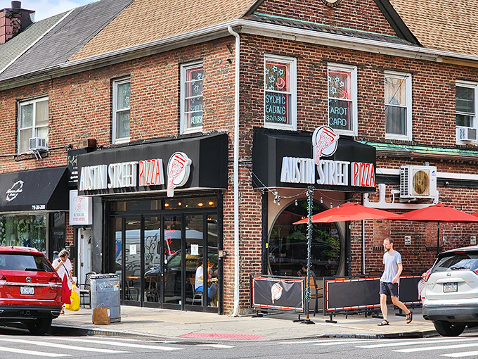 Corner locations were made for pizzerias like Austin Street. Catch the afternoon sun while watching the neighborhood parade by with slice in hand.