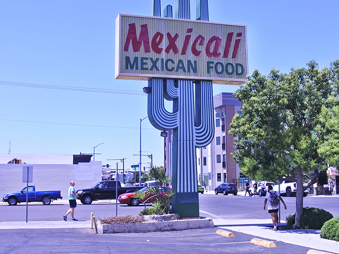 Bakersfield's colorful Mexicali restaurant sign promises authentic flavors in a city where authenticity extends to affordable living.