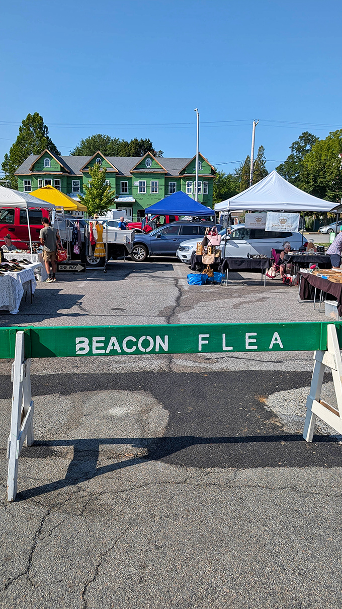 That simple "Beacon Flea" sign marks the entrance to a community gathering spot where neighbors become friends over vintage finds.