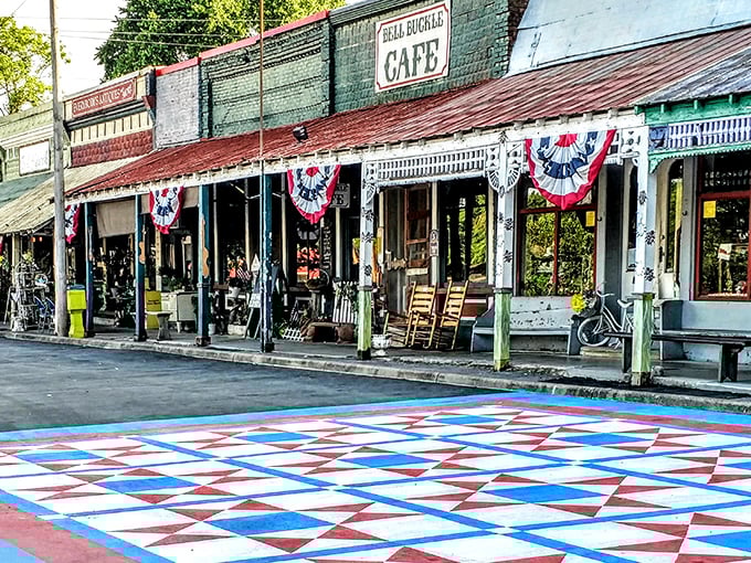Bell Buckle's storefronts welcome visitors with colorful awnings and the promise of treasures inside. This is where shopping becomes a social event rather than an errand.