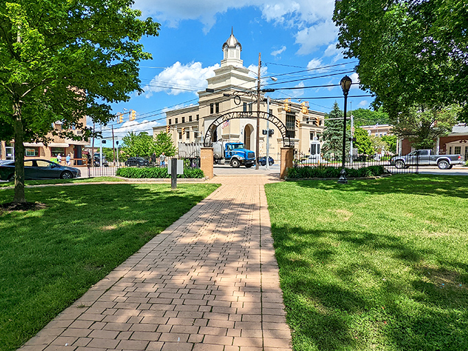 The path to tranquility! Berkeley Springs' brick walkway invites you to stroll toward that stately building like you're in an episode of "Downton Abbey."