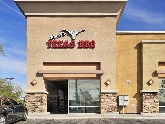The stone accents and Texas-proud signage at Big B's tell you they're serious about their brisket business.