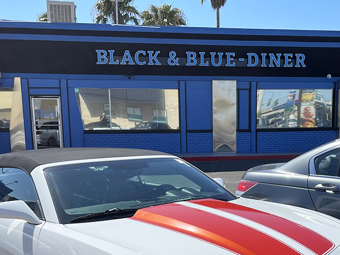 The bold blue brick and sleek black trim make this diner pop against the Las Vegas landscape – as distinctive as their hand-spun milkshakes.