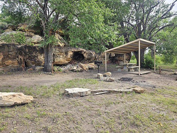 Cave shelters offer shade older than civilization, where countless generations found respite from prairie sun.