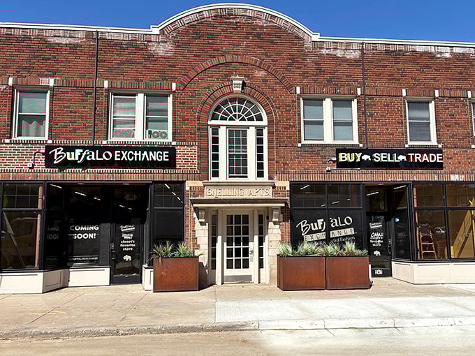 This historic brick building houses modern sustainable fashion - where vintage meets contemporary style perfectly.