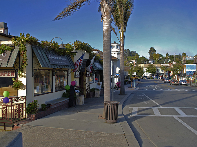 Where the palm trees meet the storefronts. This sunlit street offers a perfect blend of coastal California charm and small-town ease, inviting you to stop for a coffee or a wine tasting.