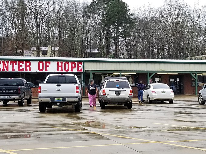 Rain can't dampen the thrill of the hunt! Center of Hope's covered entrance welcomes bargain seekers in any weather.