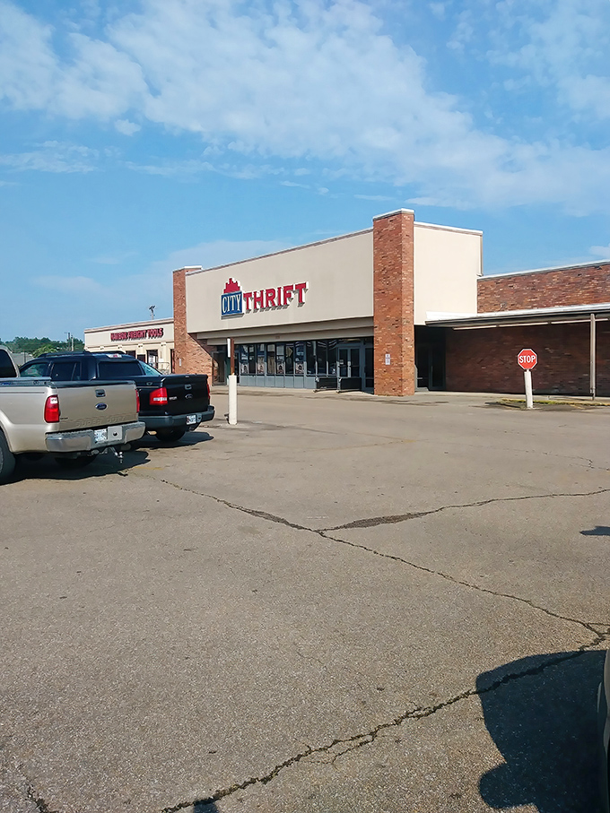 With its sturdy brickwork and bold signage, City Thrift makes bargain hunting feel both familiar and welcoming.