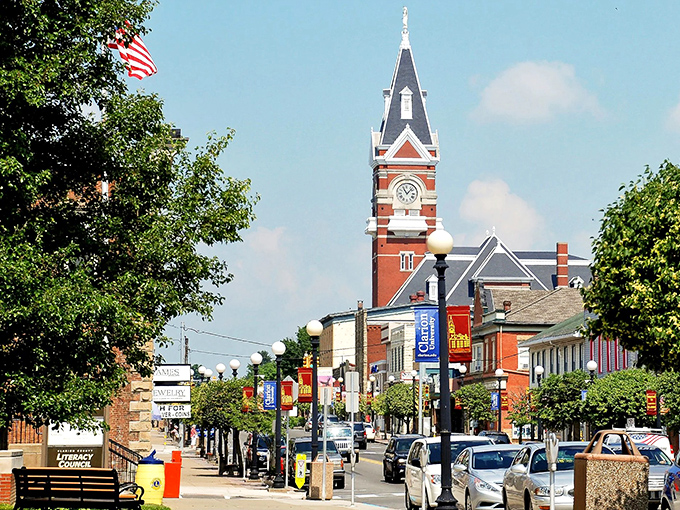 Clarion's iconic clock tower stands tall over Main Street, where retirees can enjoy small-town charm without breaking their budget.