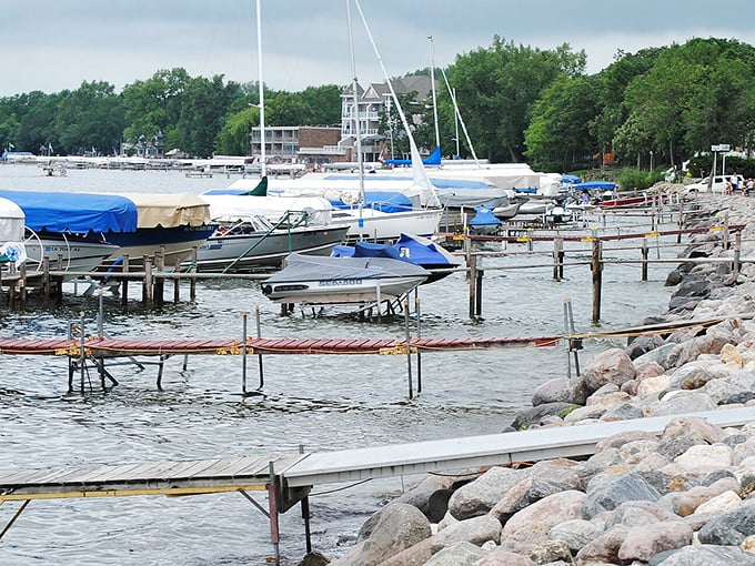 Boats bob peacefully in Clear Lake's harbor, offering a glimpse of the water recreation that makes this town a summer paradise.