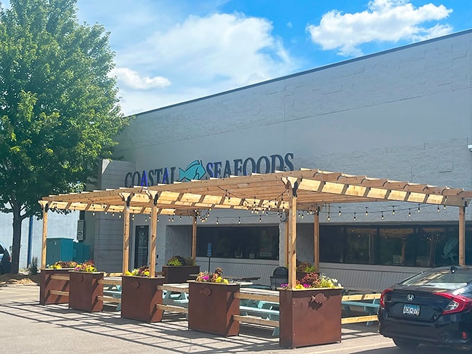 That simple pergola and planters frame an entrance to seafood heaven, market and restaurant combined perfectly.