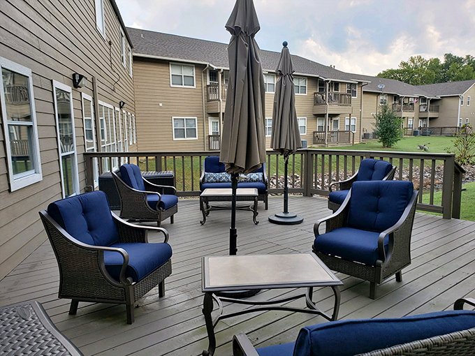 Retirement patio area designed for actual living, not just existing gracefully.