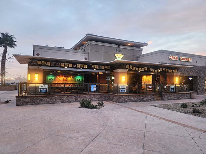 As the sun sets, Crab Corner lights up with the promise of Maryland-style seafood in the heart of the desert.