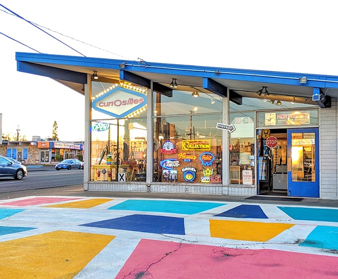 The retro signage and welcoming storefront create an atmosphere of nostalgic discovery and wonder.