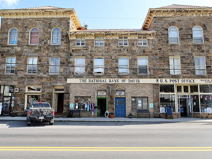 The magnificent stone National Bank of Davis building stands as a mountain town fortress. When they built banks in 1900, they weren't kidding around about security or style.