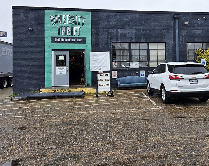 A simple donation drop-off sign hints at the community-focused mission behind this Richmond favorite.