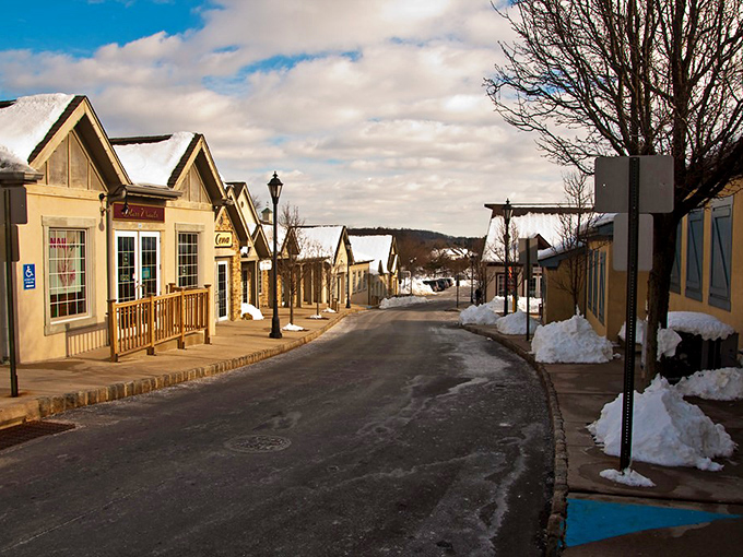 Winter's blanket transforms this quaint street into a Currier and Ives print that warms your heart.