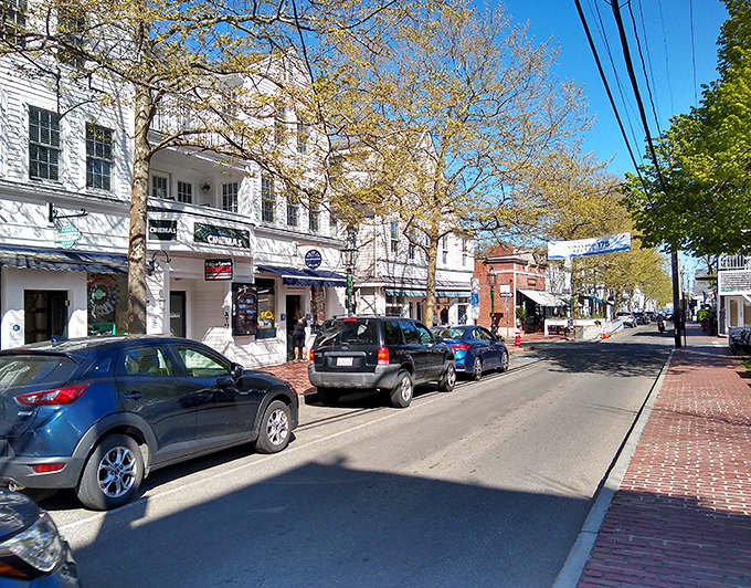 The classic architecture of Edgartown creates a timeless seaside atmosphere. White clapboard buildings and neat sidewalks invite leisurely exploration.