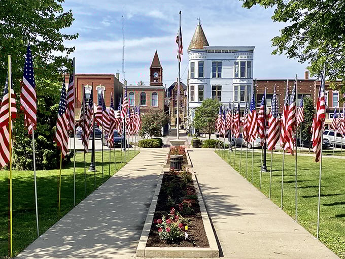 Fairfield&rsquo;s town square puts its patriotism on full display, with rows of American flags leading the way to its charming historic core.