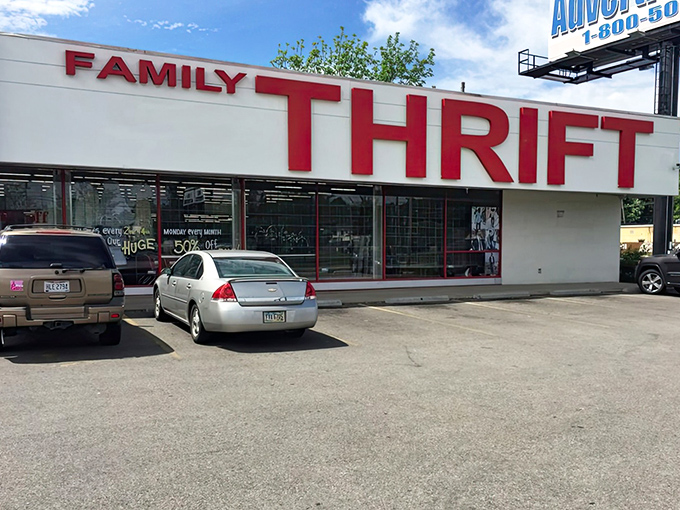 The large Family Thrift sign and busy parking lot show this charitable store draws serious shoppers.