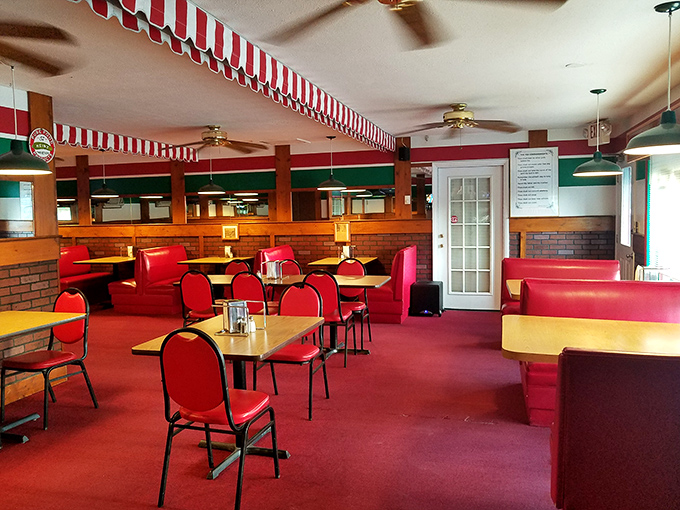 Red booths, red chairs, and pizza that makes you see red if someone tries to steal your last slice.