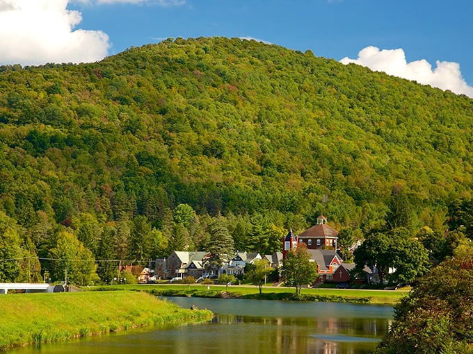 Mountain town serenity captured in brick and mortar, where every building has weathered decades gracefully.