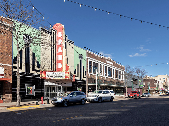 Deco-licious! Grand Island's GRAND marquee pops against the blue sky like a vintage postcard come to life&mdash;pure midwestern eye candy.