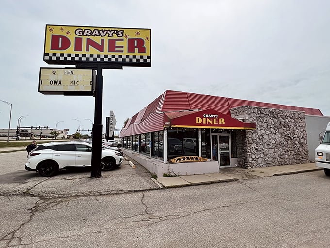 Gravy's Diner's roadside sign beckons hungry travelers. Where Iowa comfort food traditions are preserved one perfect breakfast at a time.