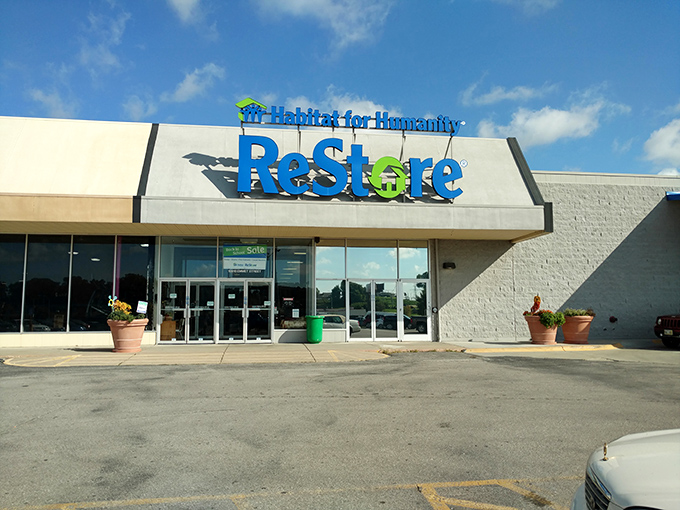 Those terracotta planters flanking the entrance hint at the home improvement treasures waiting inside this charitable shopping haven.