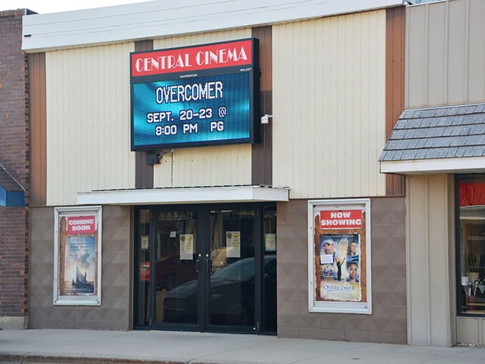 Central Cinema's marquee glows like a beacon, offering big-screen entertainment at refreshingly small-town ticket prices.