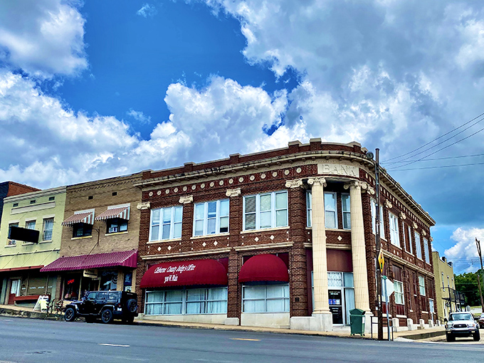 The streets of Heber Springs invite leisurely strolls past shops and cafes, with blue skies that seem to go on forever.