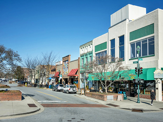 Downtown's colorful storefronts line up like a cheerful parade that never ends, always ready to welcome visitors.