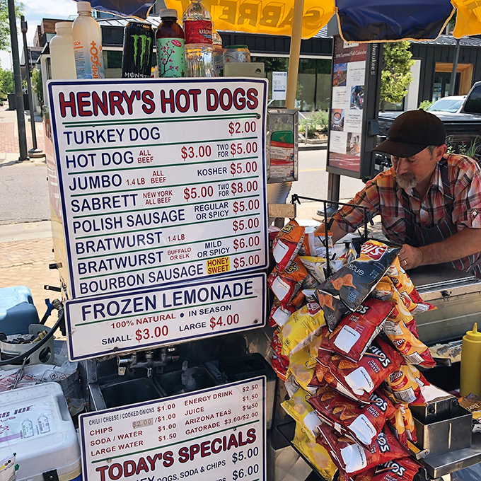 The menu board tells the story: from turkey dogs to jumbo beef franks, this little cart packs big flavor into every bite.