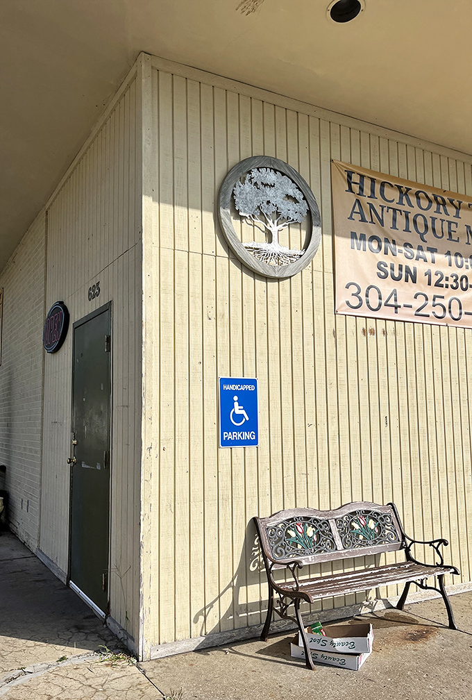 That vintage bench outside Hickory Tree invites you to rest before&mdash;or after&mdash;your treasure-hunting adventure inside.