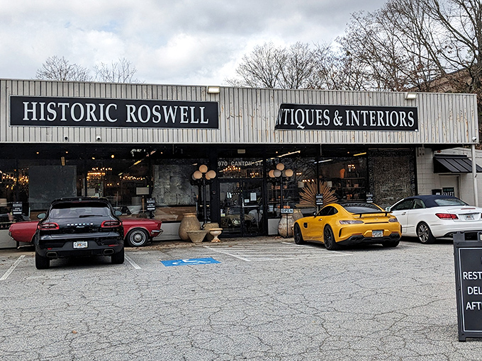 Classic cars parked outside hint at the quality vintage finds waiting inside this market.
