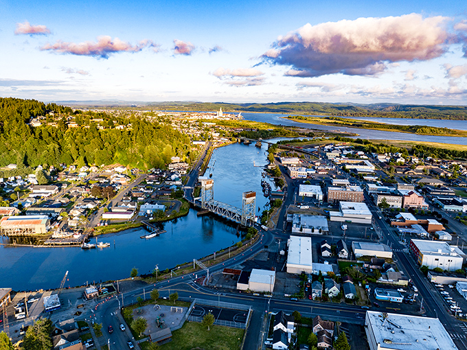 Aerial view of Hoquiam, Washington, where the Hoquiam River meets the harbor &mdash; a small town that keeps things simple and friendly.