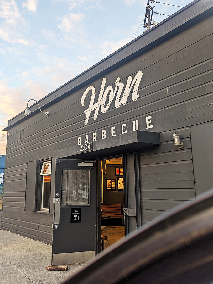 The clean lines and bold lettering of Horn Barbecue stand out under the soft California sky&mdash;proof that great flavor needs no flash.