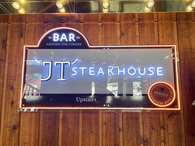 Upstairs from the casino floor lies this hidden gem where wooden signs point to steakhouse paradise.