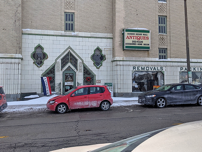 The unique architectural details promise an equally distinctive shopping experience filled with one-of-a-kind vintage treasures inside.