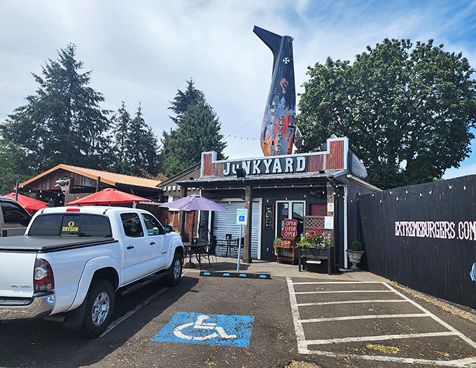 Where else can you eat excellent brats under an airplane tail? Only at Junkyard, where quirky meets quality.